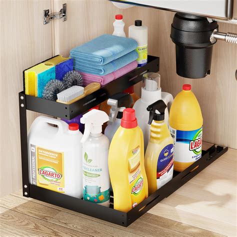 Ispecle Under Sink Organiser 2 Tier Metal Pull Out Under Sink Storage
