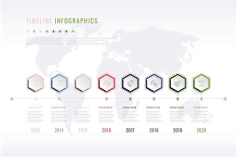 육각형 요소 연도 표시 및 배경에 세계지도와 기업 역사 인포 그래픽 현대의 현실적인 3d 비즈니스 데이터 시각화 벡터 회사 프리젠 테이션 슬라이드 템플릿 Eps 10 0명에