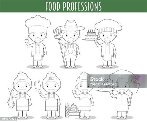 เวกเตอร์ชุดของอาชีพอุตสาหกรรมอาหารสําหรับการระบายสีในรูปแบบการ์ตูน ภาพประกอบสต็อก ดาวน์โหลดรูป