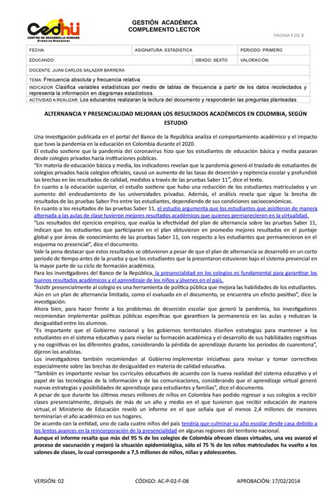 Complemento Lector Estadistica 6° GestiÓn AcadÉmica Complemento
