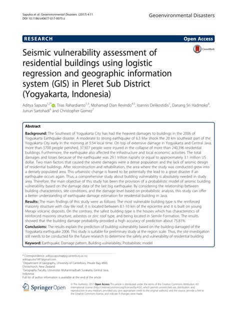 Pdf Seismic Vulnerability Assessment Of Residential Buildings Using Logistic Regression And