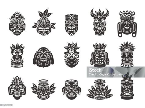아이돌 마스크 블랙 실루엣 의식 토템 부족 신 티키 고대 인도 또는 아프리카 문화 전통적인 마야 또는 아즈텍 나무 기호 폴리네시아 문신 패턴 얼굴 마스크 벡터 세트 티키에