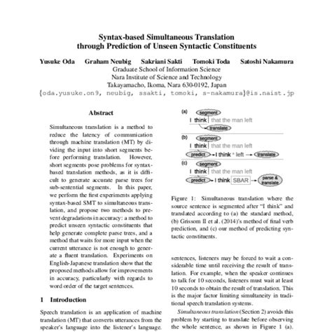 Syntax Based Simultaneous Translation Through Prediction Of Unseen Syntactic Constituents Acl