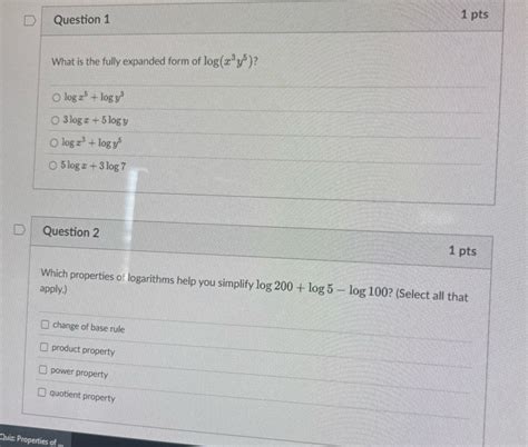 Solved What Is The Fully Expanded Form Of Log X 3y 5 Log X 5 Log Y 3 3log X 5log Y Log X 3
