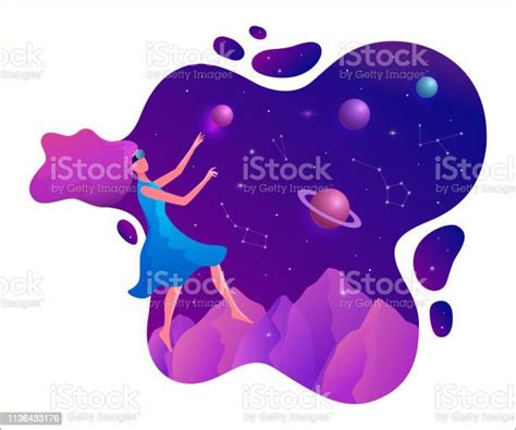 가상 현실 착용 Vr 고글 벡터 일러스트 레이 션을 경험 하는 여자 공간에 떠 다니는 여자입니다 3차원 형태에 대한 스톡 벡터 아트 및 기타 이미지 Istock