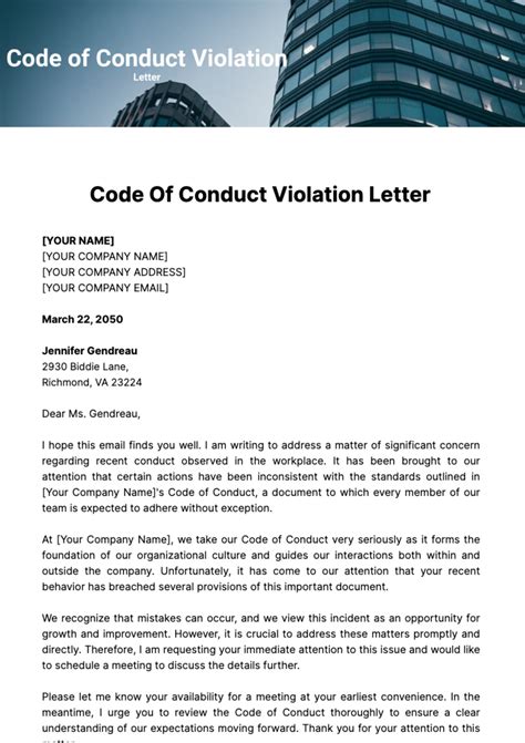 Free Code Of Conduct Violation Letter Template To Edit Online