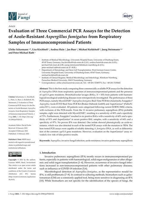 Pdf Evaluation Of Three Commercial Pcr Assays For The Detection Of Azole Resistant Aspergillus