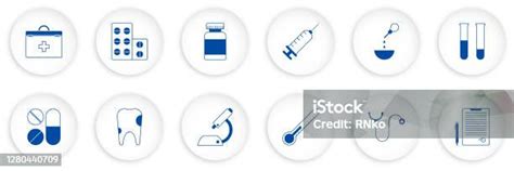 의료 아이콘 집합입니다 응급 처치 키트 청진기 알약 주사기 치아 현미경 분석이있는 테스트 튜브 의사 결론 흰색 배경에 네오모프 스타일의 벡터 간호사에 대한 스톡 벡터 아트
