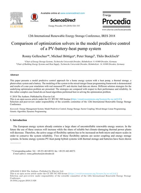 Pdf Comparison Of Optimization Solvers In The Model Predictive Control Of A Pv Battery Heat