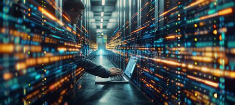 It Specialist Working On Laptop In Modern Data Center With Glowing
