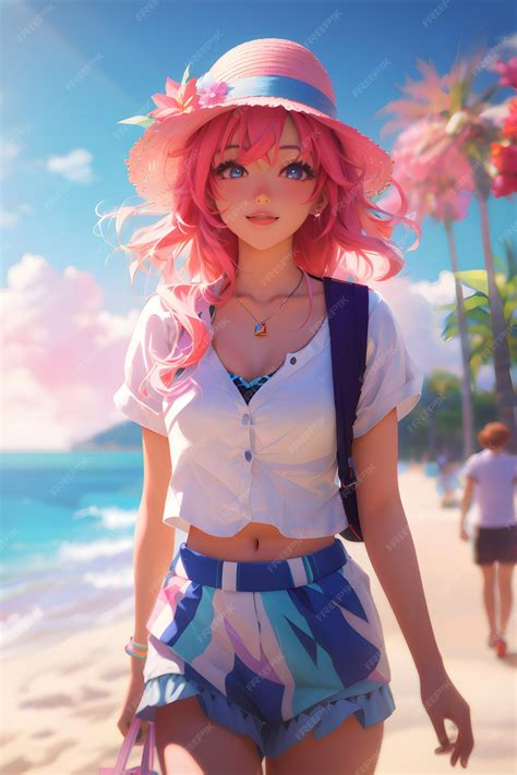 해변의 아름다운 애니메이션 소녀 애니메이션 소녀 애니메이션 캐릭터 만화 애니메이션 Ai 생성 프리미엄 사진