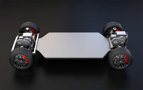 검은색 배경에 솔리드 스테이트 배터리 팩이 있는 전기 자동차 섀시의 측면 보기 전기 자동차 대체 연료 차량에 대한 스톡 사진 및 기타 이미지 전기 자동차 대체 연료 차량