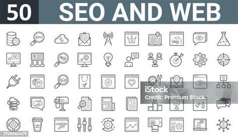 50 개요 웹 Seo 및 웹 키워드 클라우드 동기화 이메일 마케팅 Wifi 프리미엄 품질 Seo 및 벡터 얇은 아이콘 보고서
