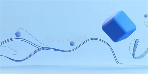 abstract blue 3d render floating cube spheres and dynamic curves on