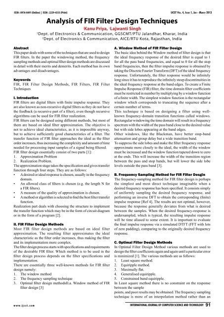 Analysis Of Fir Filter Design Techniques Ijcst
