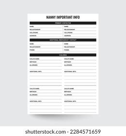 Nanny Important Infoparent Informationaddress Trackercontact Listimportant Stock Vector Royalty