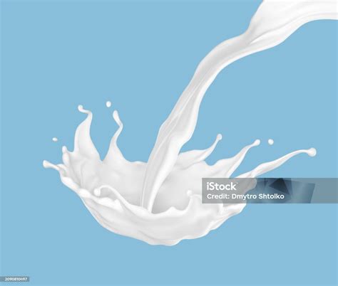 쏟아지는 우유 스플래쉬는 파란색 배경에 고립되어 있습니다 천연 유제품 요구르트 또는 크림 스플래쉬 현실적인 벡터 일러스트 레이 션 3차원 형태에 대한 스톡 벡터 아트 및