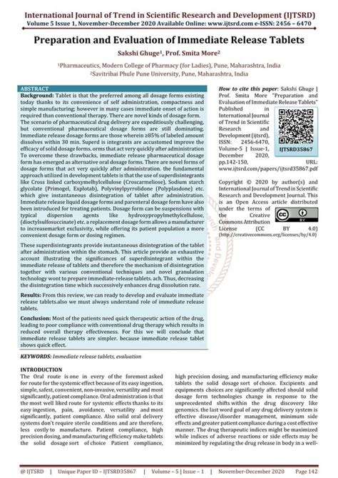 Preparation And Evaluation Of Immediate Release Tablets Pdf
