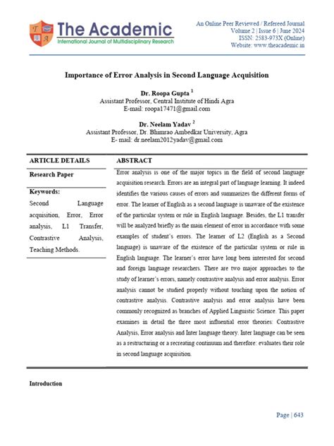 Gupta And Yadav Importance Of Error Analysis In Second Language Acquisition Pdf Second