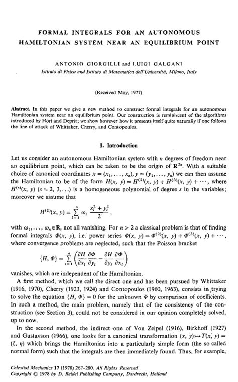 Pdf Formal Integrals For An Autonomous Hamiltonian System Near An Equilibrium Point