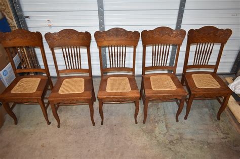 Antique Oak Pressback Dining Room Cain Seat Chairs