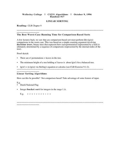 Linear Sorting Handout 17 Fundamental Algorithms Cs 231 Docsity