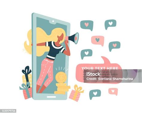 중요한 발표를 발표하면서 메가폰을 손에 들고 있는 청녀 금발 소녀는 뒤에 큰 전화와 스피커로 말하기 동전 웹 사이트 거품의 플랫 벡터 텍스트입니다 가공의 인물에 대한 스톡