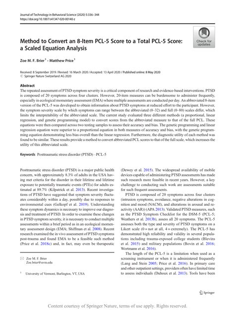 Method To Convert An 8 Item Pcl 5 Score To A Total Pcl 5 Score A