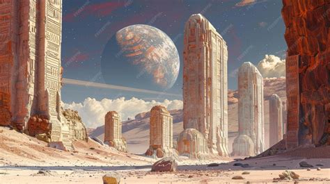 Futuristic Alien Landscape With Towering Structures Barren Terrain And