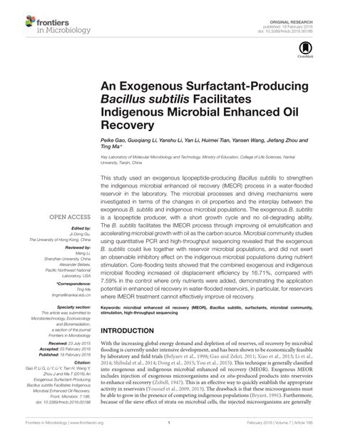 Pdf An Exogenous Surfactant Producing Bacillus Subtilis Facilitates Indigenous Microbial