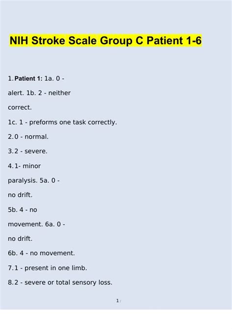 Summary NIH Stroke Scale Group C Patient Complete Verified NIH Stroke