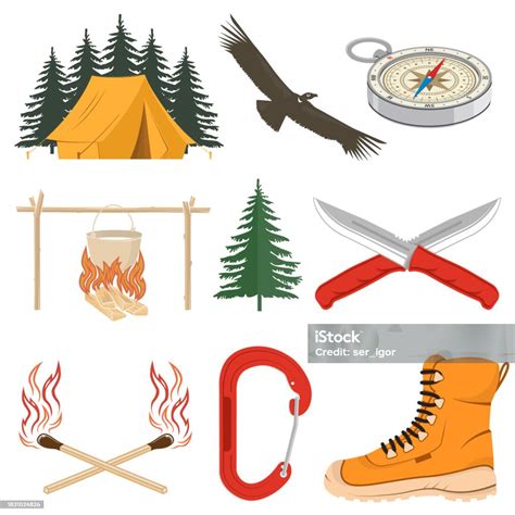 캠핑 장비 컬렉션 세트입니다 벡터 일러스트 레이 션입니다 캠핑 텐트 콘도르 불 성냥개비 등산객 부츠 나침반 모닥불 주전자 전나무 칼 카라비너가 세트로 구성되어 있습니다 여름
