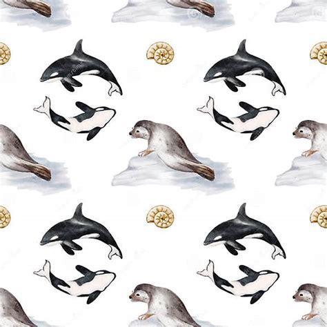 Whales And Seals Textile Pattern With Marine Life And Fossil Prints