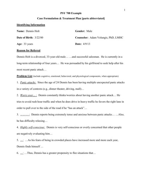 Case Formulation And Treatment Plan Example Anxiety Disorder