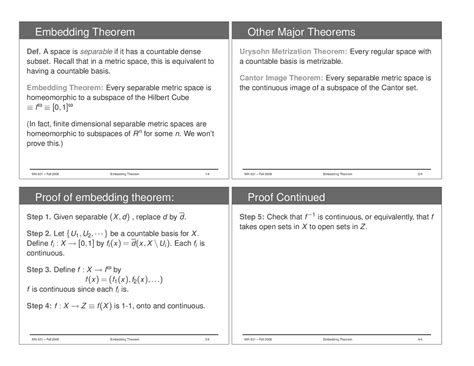 Lecture Slides On Embedding Theorem Mth 631 Study Notes Topology Docsity