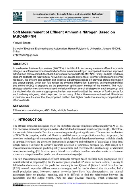 Pdf Soft Measurement Of Effluent Ammonia Nitrogen Based On Iabc Mffnn