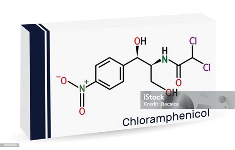 클로람페니콜 분자 그것은 세균성 광범위 항생제입니다 구조적 화학 적 포뮬러 및 분자 모델 마약용 용지 포장 벡터 일러스트레이션 0명에 대한 스톡 벡터 아트 및 기타 이미지
