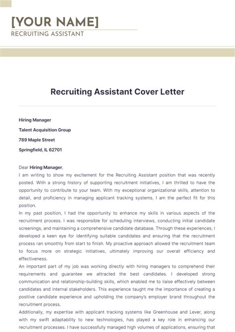 Free Recruiting Assistant Cover Letter Template To Edit Online