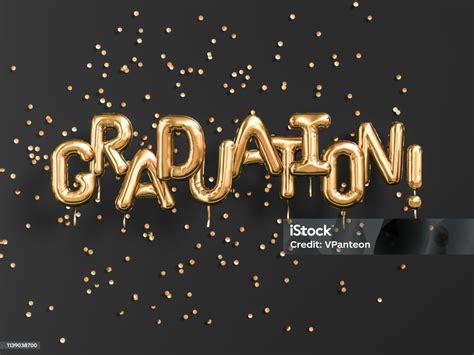 졸업 골드 텍스트 검정 배경 배너입니다 축 졸업생 파티 황금 풍선 및 색종이 3d 렌더링 졸업식에 대한 스톡 사진 및 기타 이미지 Istock