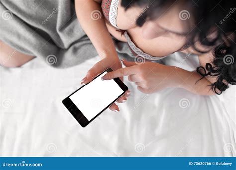 Naked Brunette Touching Phone With Empty Screen Stock Photo Image Of Marketing Modern