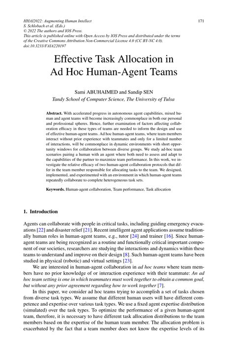 Pdf Effective Task Allocation In Ad Hoc Human Agent Teams