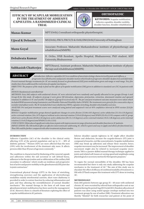 Pdf Efficacy Of Scapular Mobilization In The Treatment Of Adhesive Capsulitis A Randomized