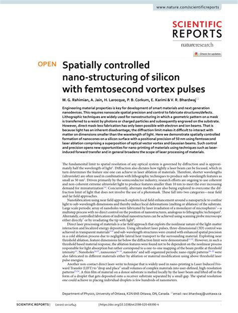 PDF Spatially Controlled Nano Structuring Of Silicon With Femtosecond Vortex Pulses