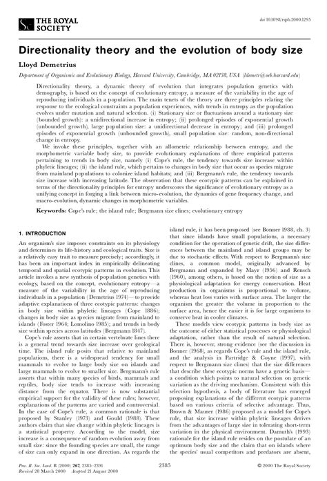 Pdf Directionality Theory And The Evolution Of Body Size