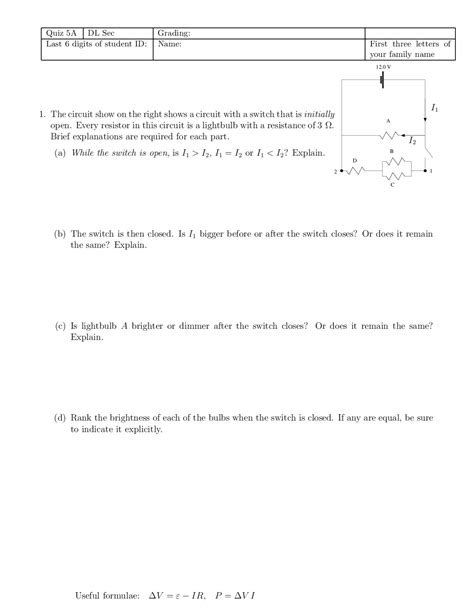 Rank Brightness Of Bulb Quiz 5a General Physics Phy 007b Docsity