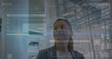Image Of Data Processing On Screens Over Smiling Caucasian Businesswoman In Modern Building