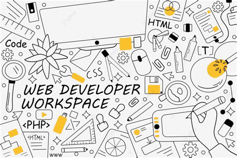 Web Developer Workspace Doodle Set Tech Php Design Vector Tech Php