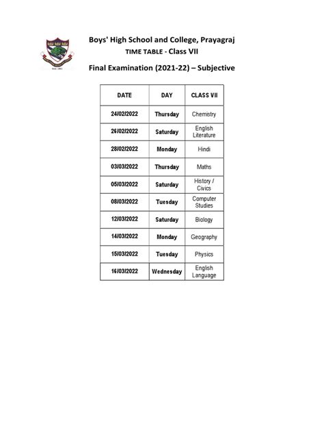 Time Table Class 7 Pdf