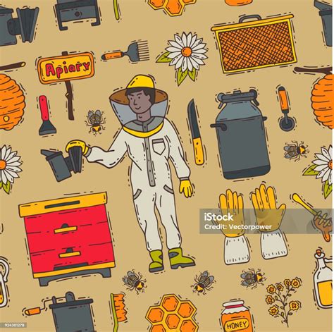 꿀 달콤한 Beeceeper 벡터 양봉장 농장 양 봉 아이콘 설정된 Honeymaker 꿀벌 곤충 밀랍 그림 완벽 한 패턴 배경