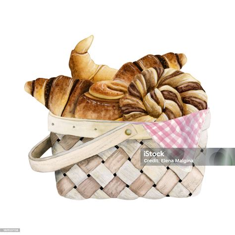 크로와상과 롤빵 수채화 그림이 피크닉과 빵집 디자인을 위해 흰색 배경에 고립 된 고리 버들 세공 바구니에 신선한 달콤한 패스트리